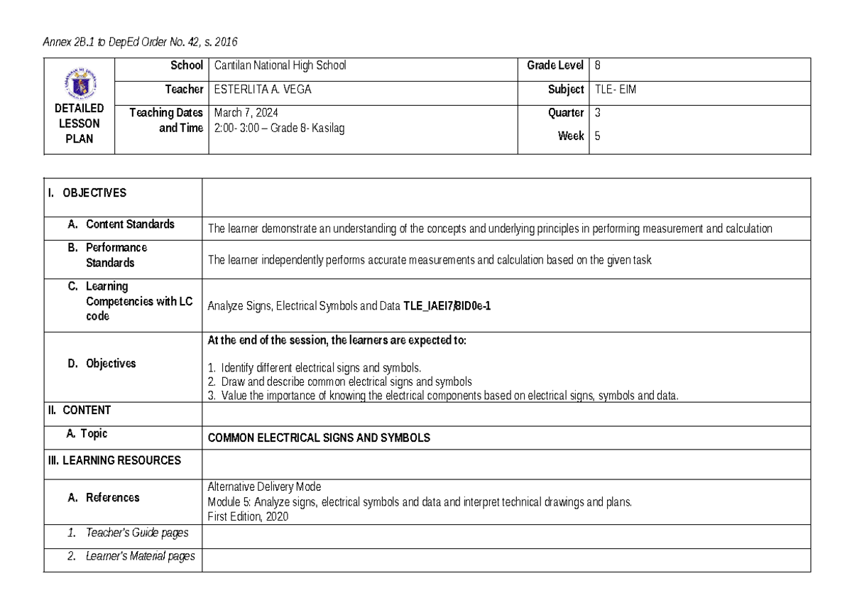 Detailed Lesson Plan on Electrical Signs & Symbols (EIM 8) - Studocu