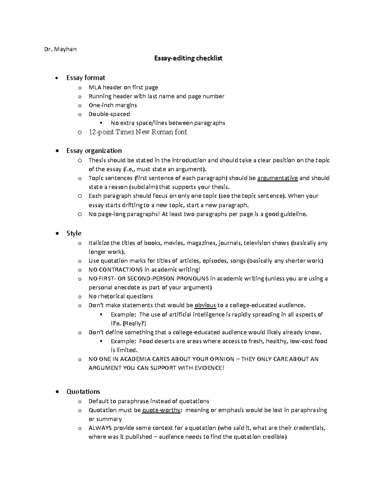 ENG 101: Dr. Mayhan's Essay Format Checklist - Studocu