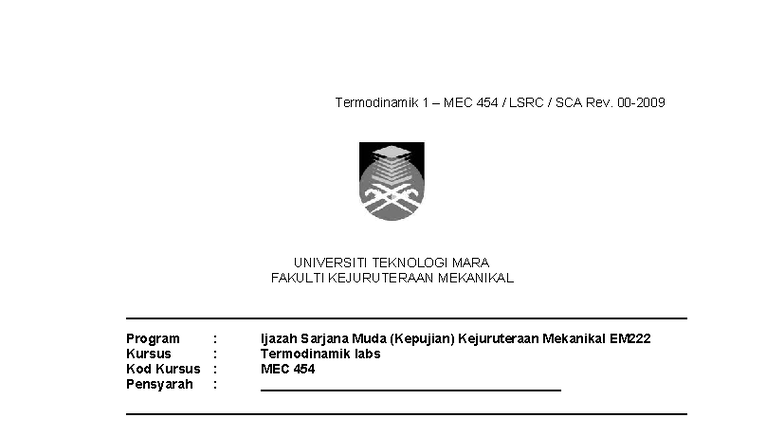 Laporan Makmal Termodinamik 1 MEC 454: Aliran Melalui Venturi dan Orifice - Studocu