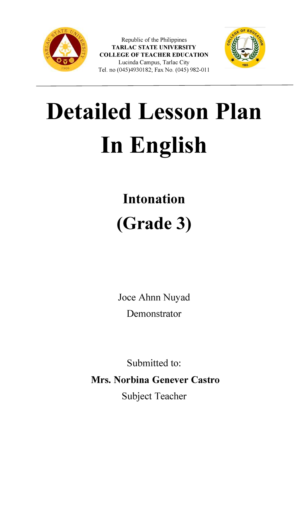 ENG 1 DLP Nuyad - Detailed Lesson Plan on Intonation for Grade 3 - Studocu