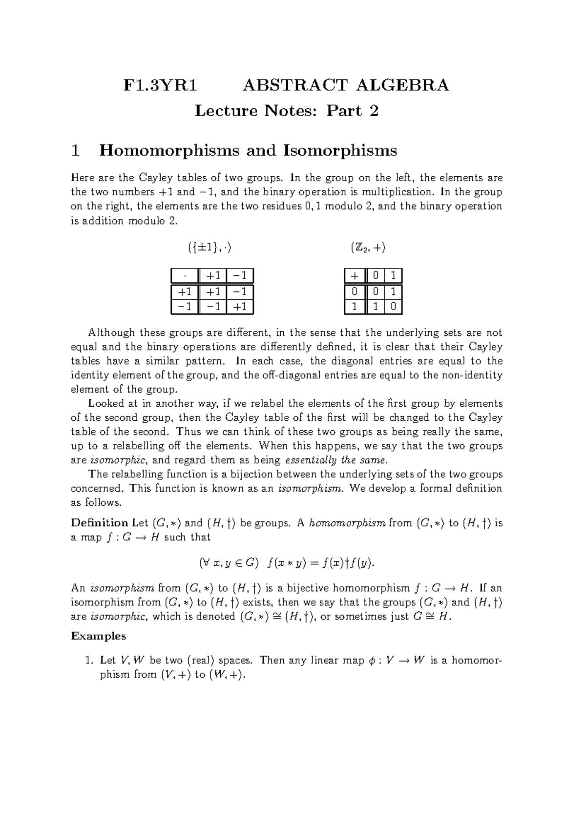 F1.3YR1 Abstract Algebra Lecture Notes: Homomorphisms & Isomorphisms ...