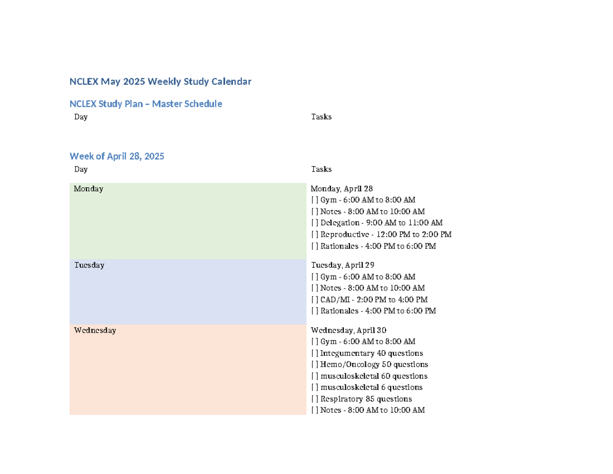 NCLEX May 2025 Weekly Study Calendar & Task Schedule - Studocu