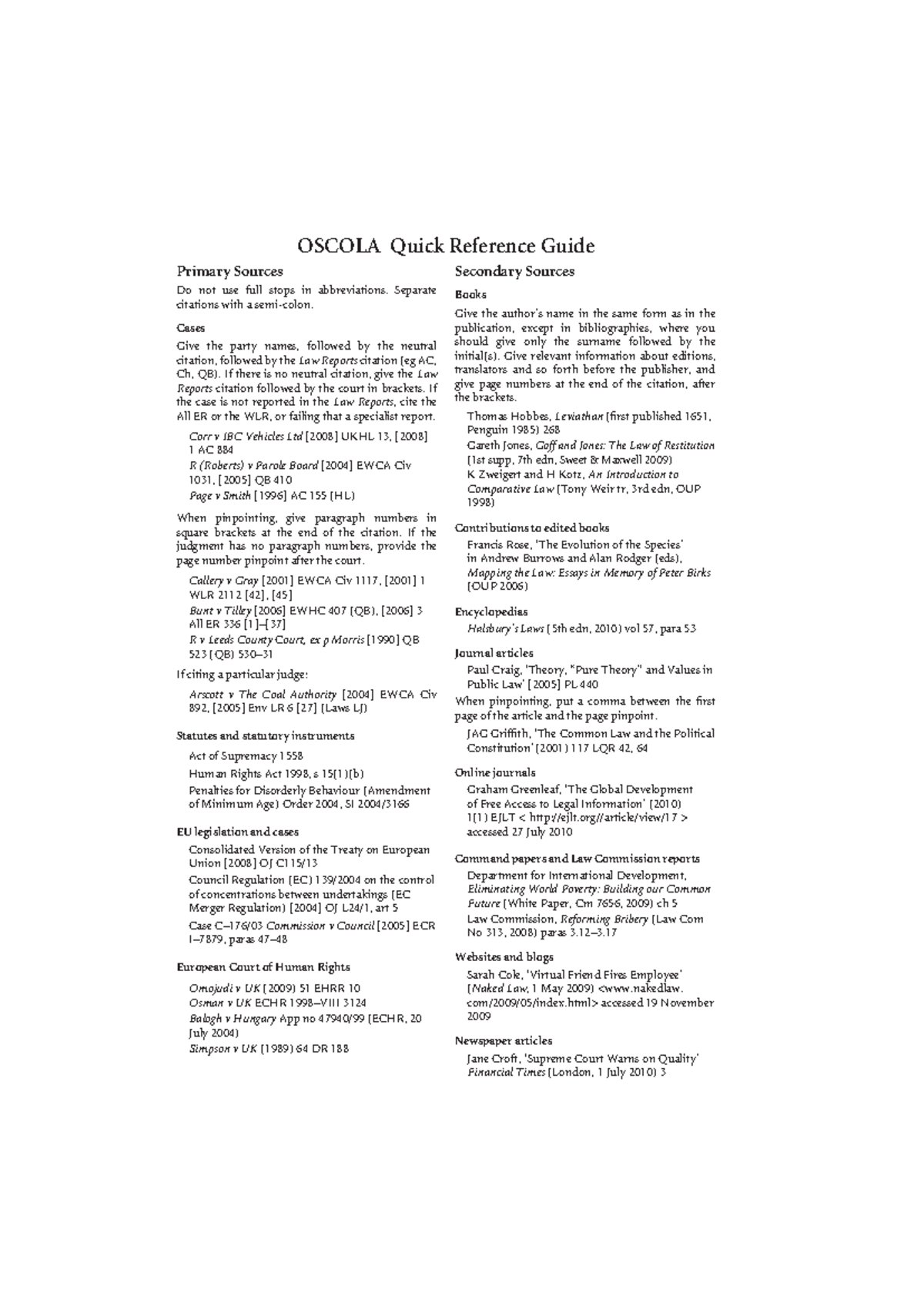 Quick ref guide - OSCOLA Quick Reference Guide Primary Sources Do not ...