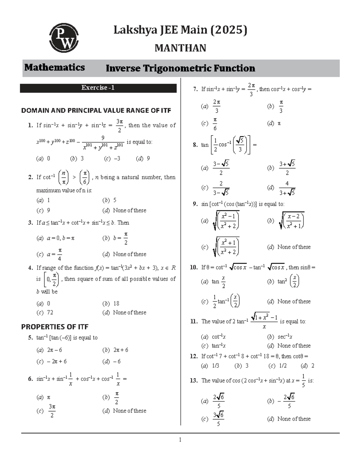 Inverse Trigonometric Functions Practice Sheet for JEE Main (2025) - Studocu