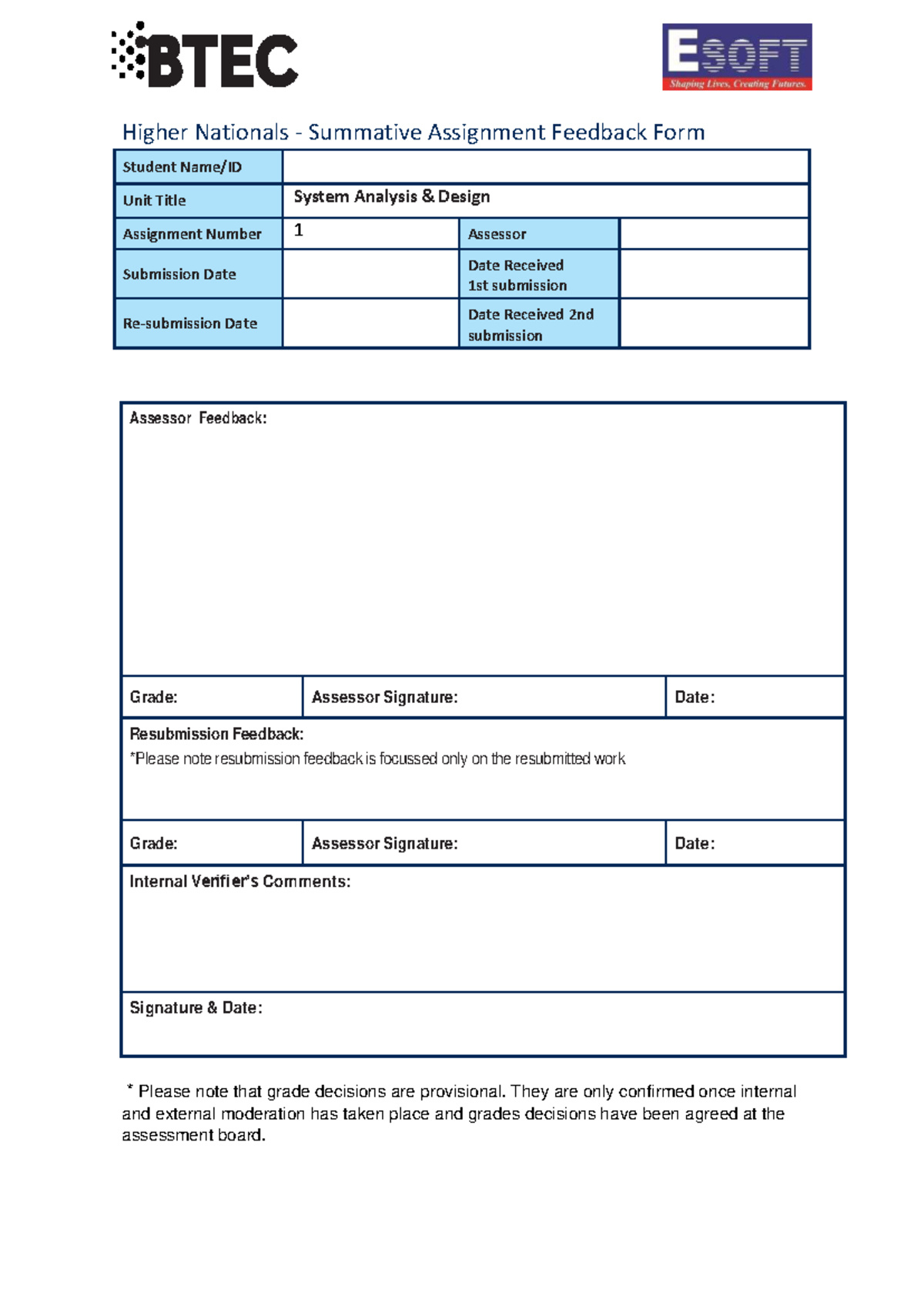 Unit 35: System Analysis Design - Summative Assignment Feedback Form ...