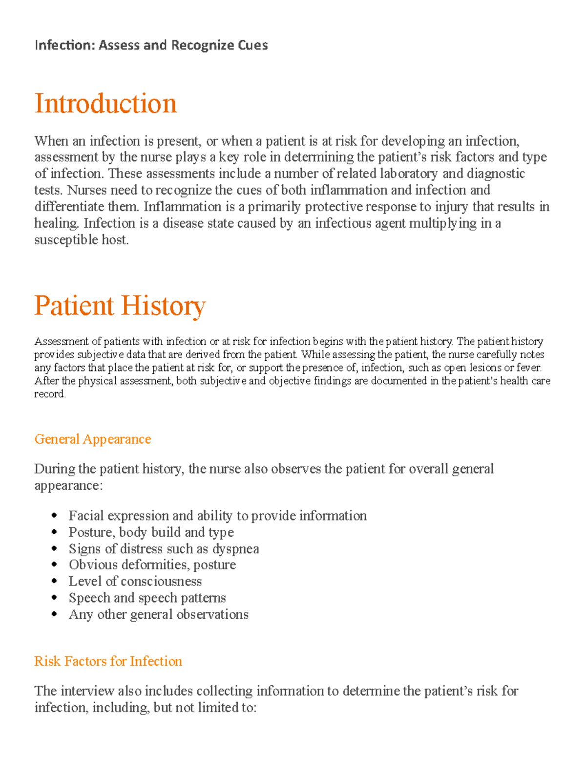 Infection Assessment: Recognizing Cues for Patient Care - Studocu