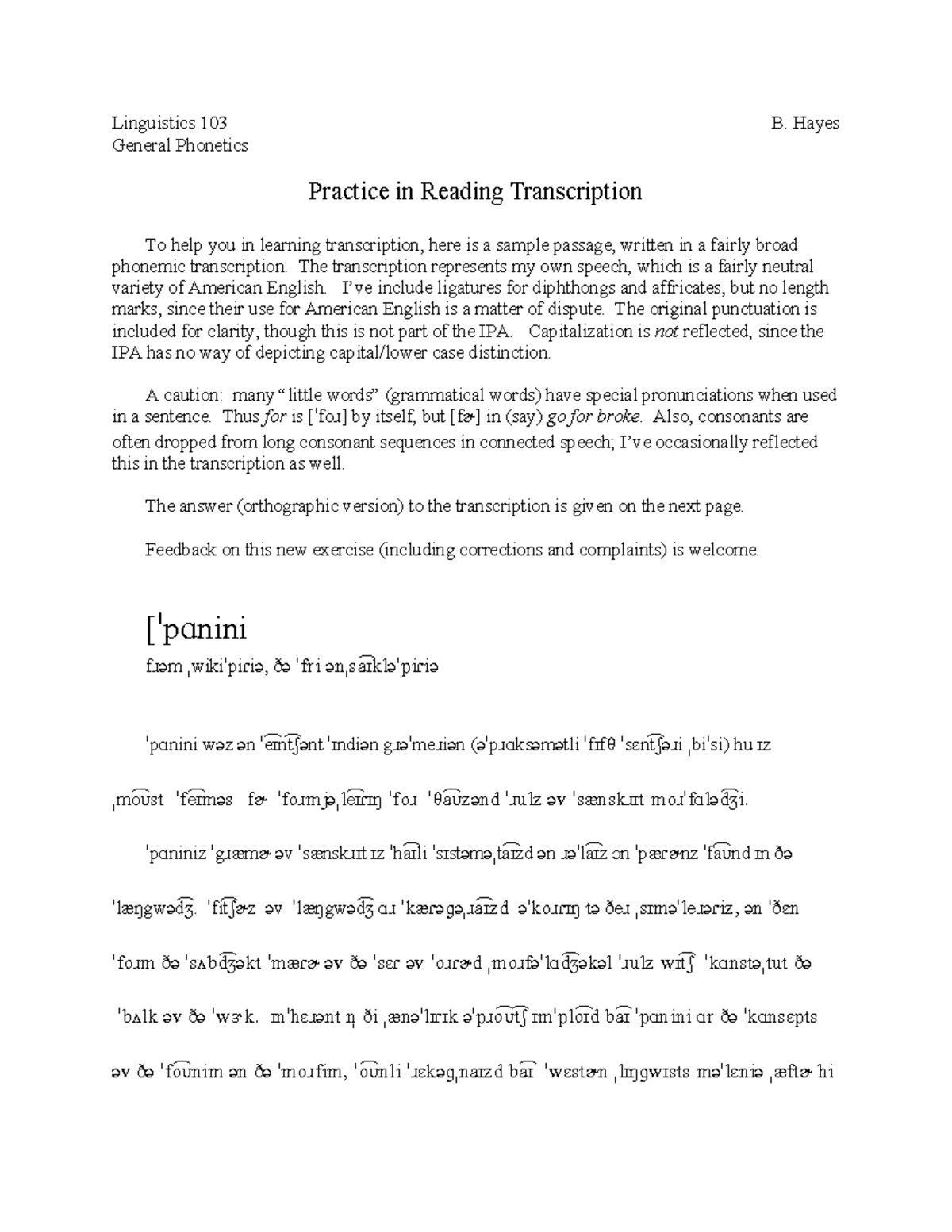 Practice Reading Transcription - Linguistics 103 B. Hayes General ...