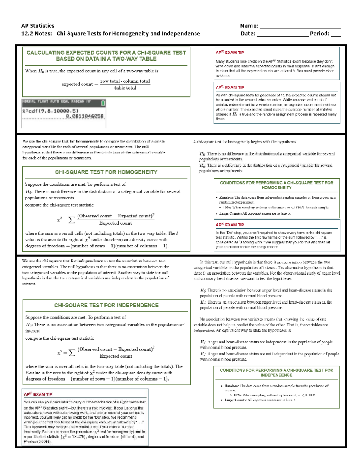 AP Statistics 12.2 Notes: Chi-Square Tests for Homogeneity ...