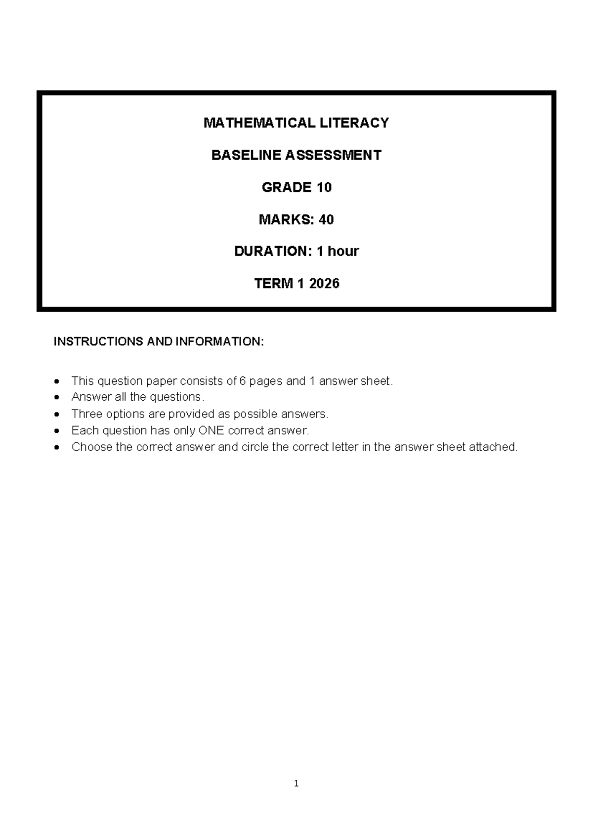 Math Lit Grade 10 Baseline Assessment Term 1 2026 - Studocu