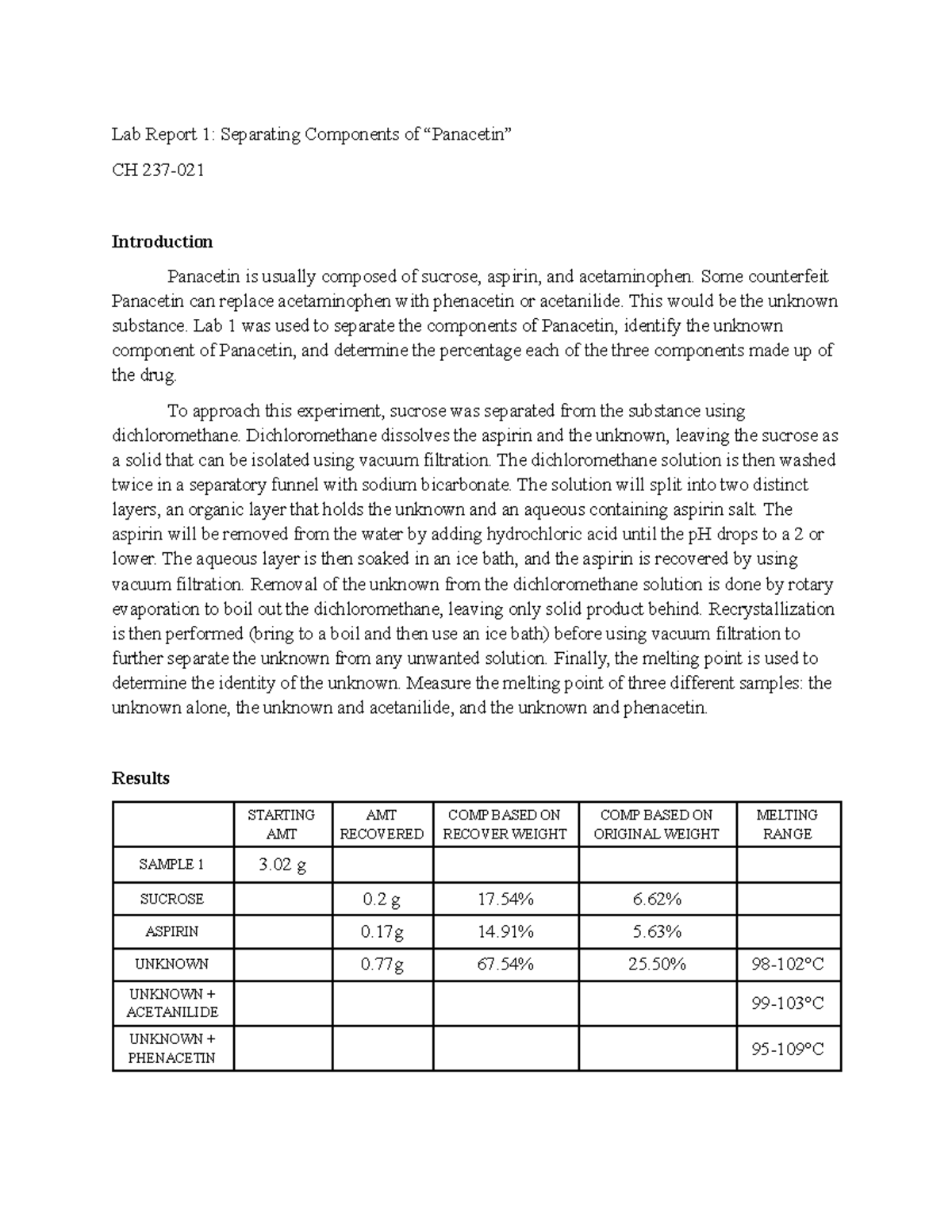 CH 237 - Lab Report 1: Separation and Analysis of Panacetin Components ...