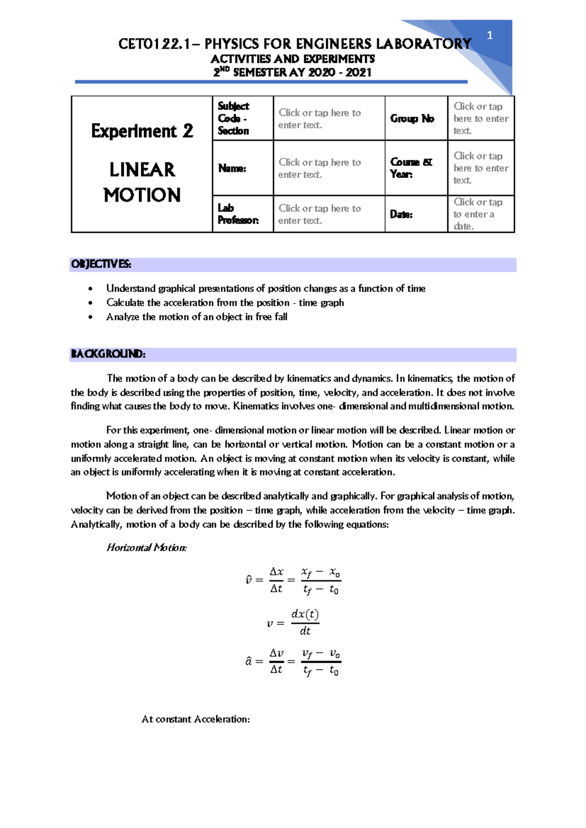 Experiment 2 Linear Motion - 1 CET 0122. 1 – PHYSICS FOR ENGINEERS ...