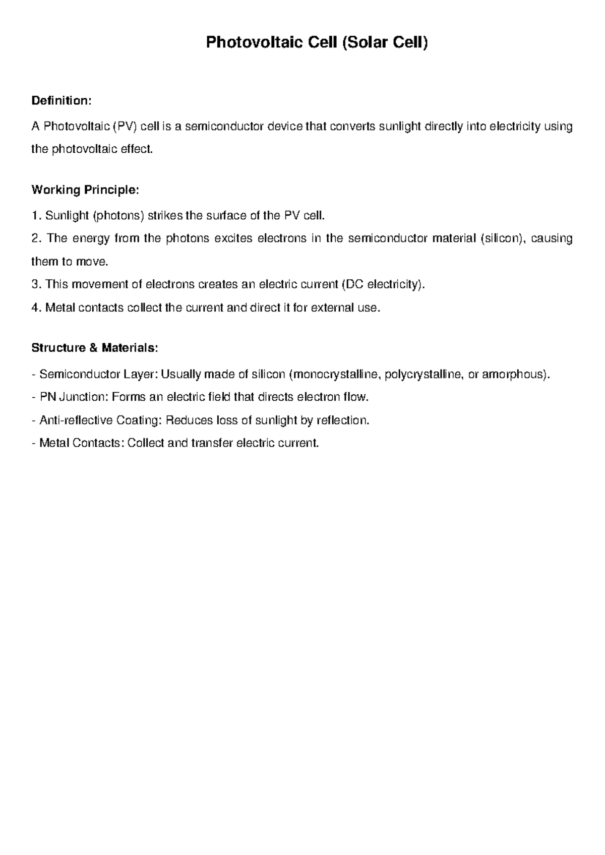 Photovoltaic Cell Notes - Photovoltaic Cell (Solar Cell) Definition: A ...