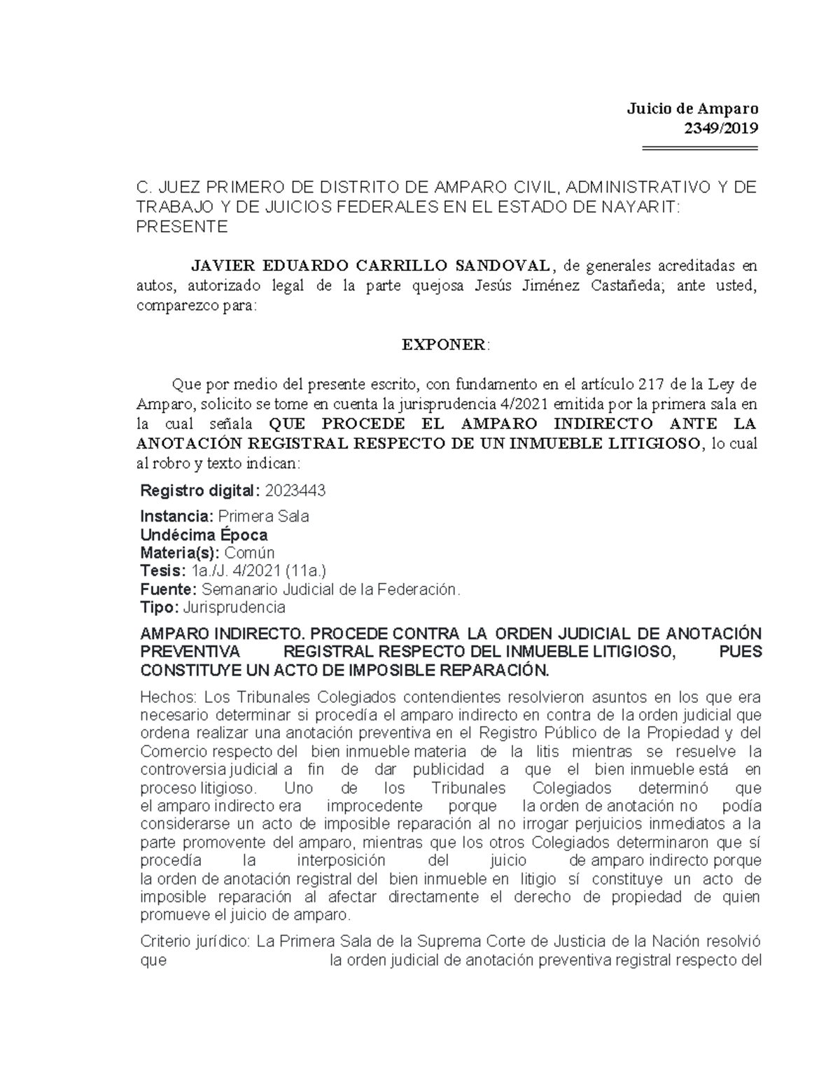 Juicio de Amparo Indirecto: Anotación Registral y Jurisprudencia - Studocu