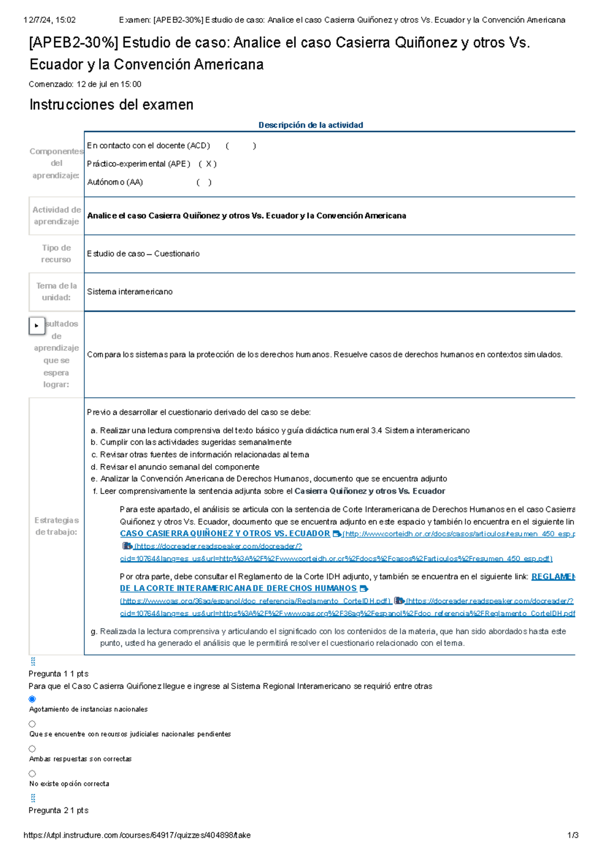 Examen [APEB2-30%] Estudio de Caso: Casierra Quiñonez Vs. Ecuador - Studocu
