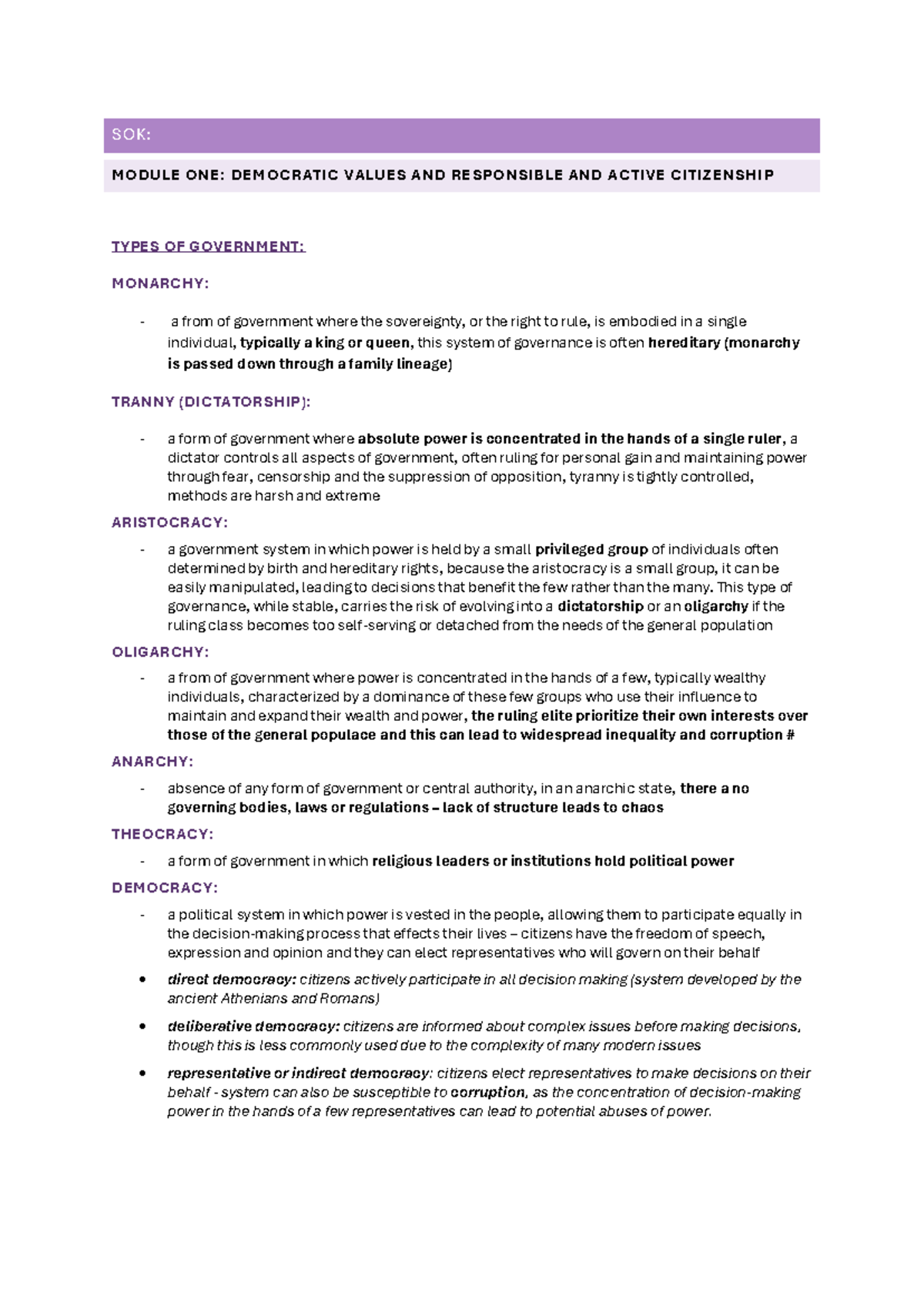 SOK: Module One - Democratic Values & Types of Government Overview ...