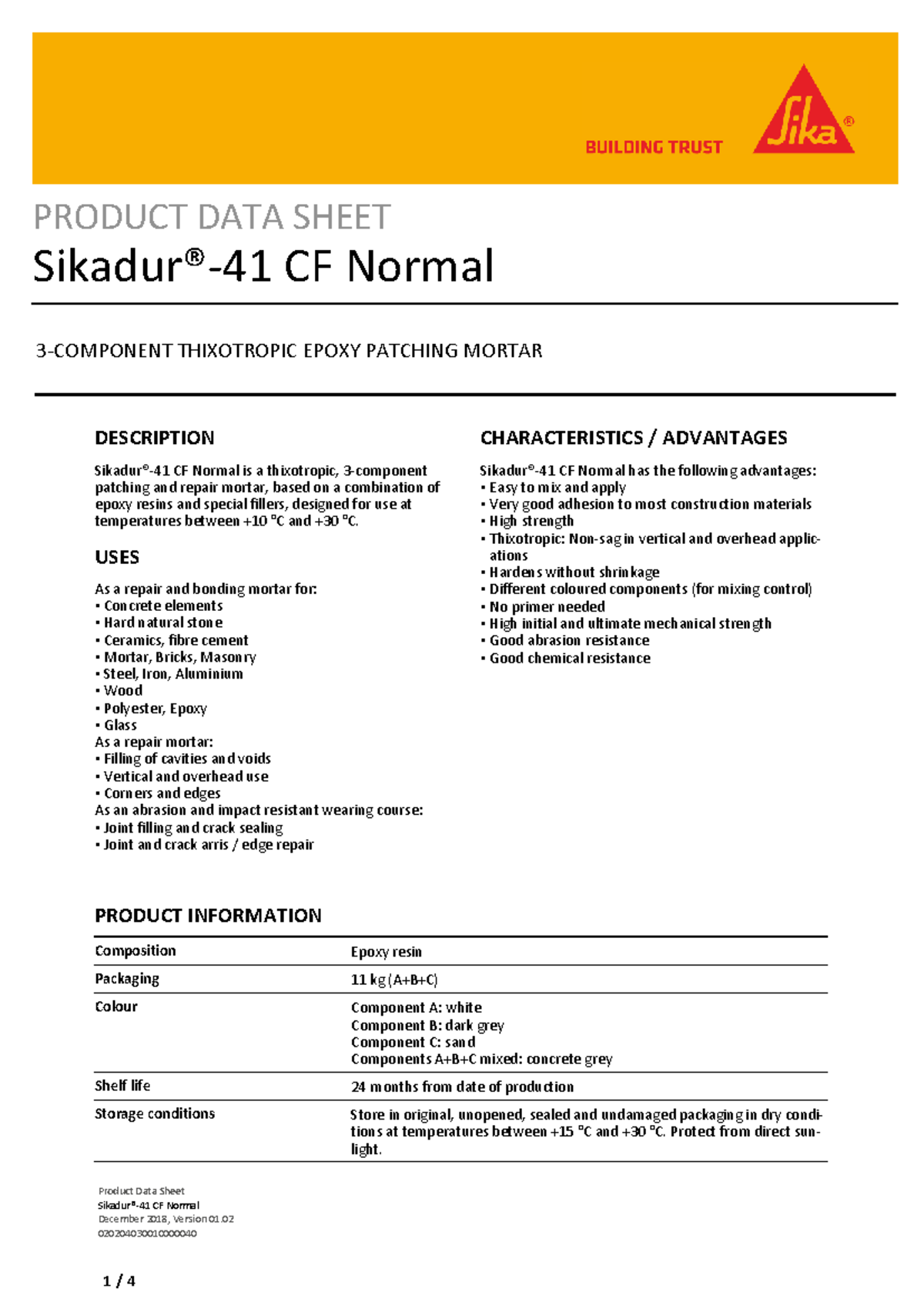 Product Data Sheet: CF Normal Thixotropic Epoxy Patching Mortar - Studocu