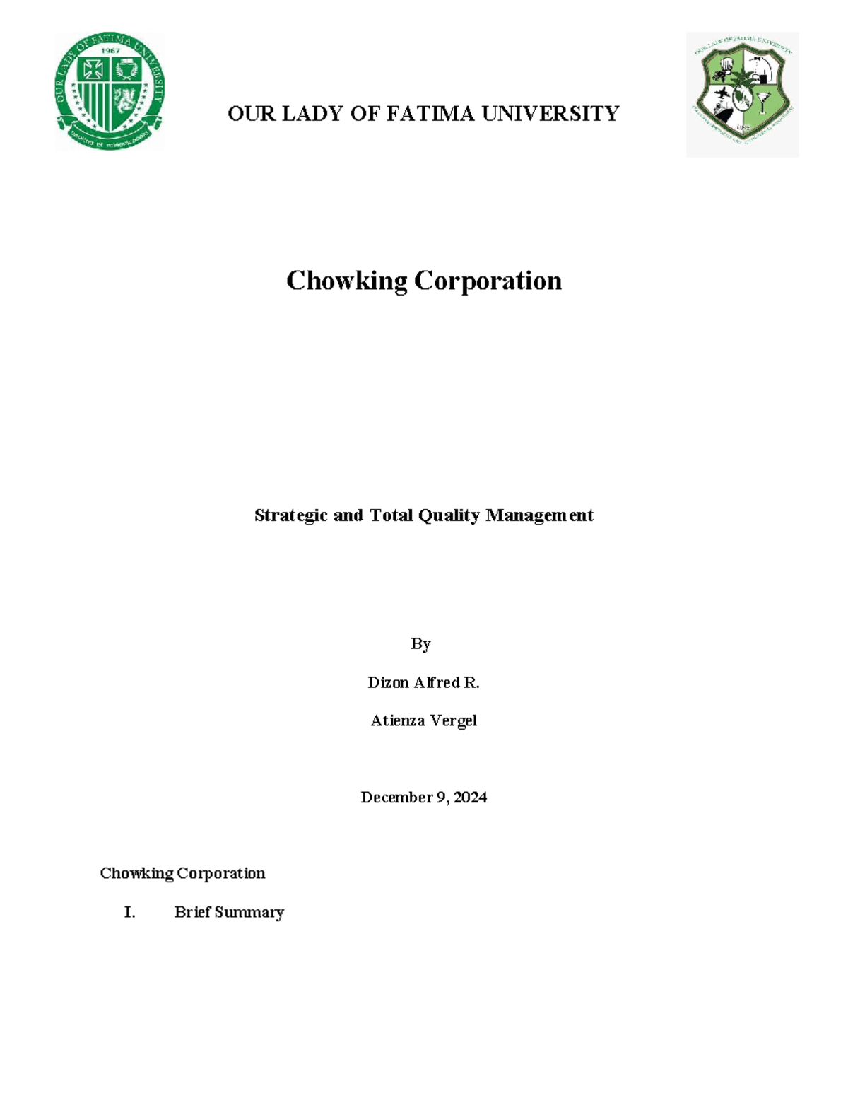 Chowking Corporation Strategic Management Plan (Dizon Atienza-STQM ...