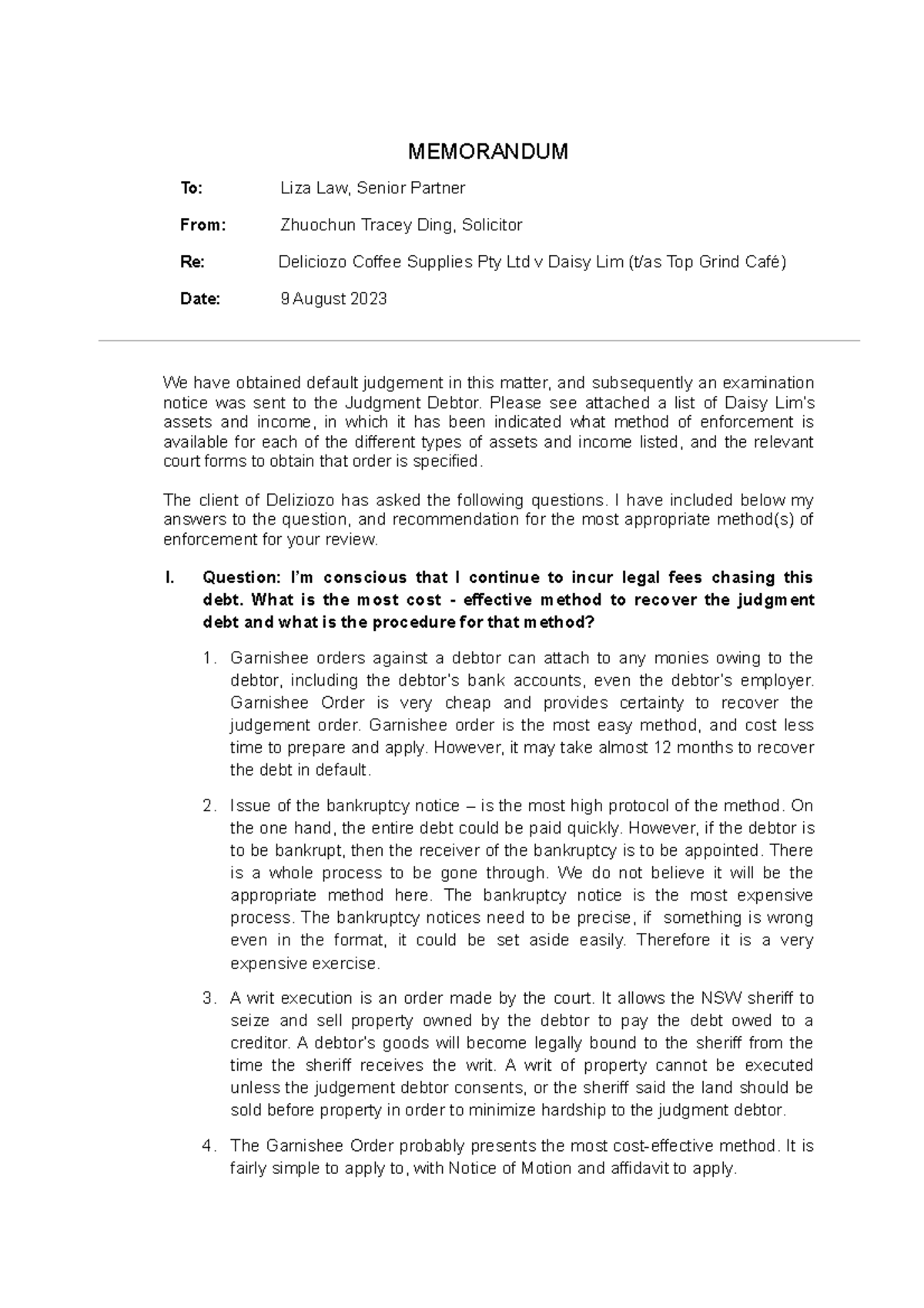 Civil Litigation 3.1 - Memo on Debt Recovery Strategies for Deliciozo ...