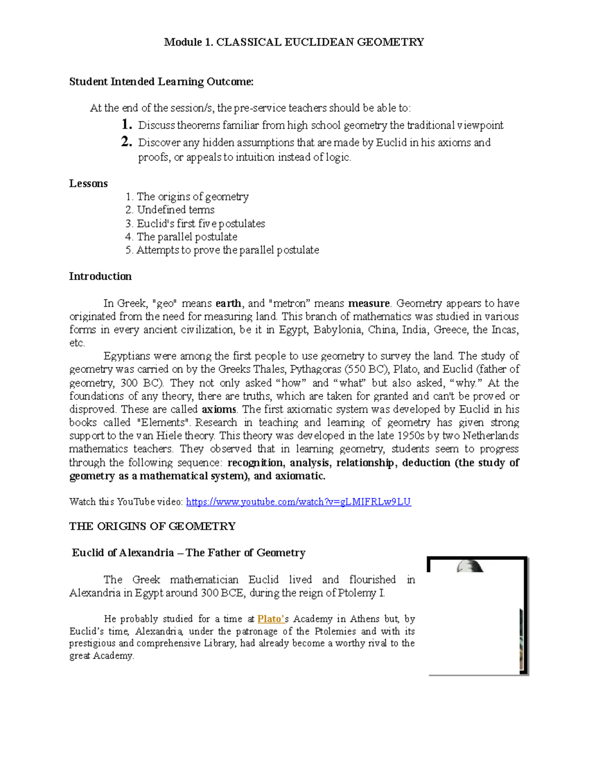 Module 1. Classical Euclidian Geometry - Module 1. CLASSICAL EUCLIDEAN ...