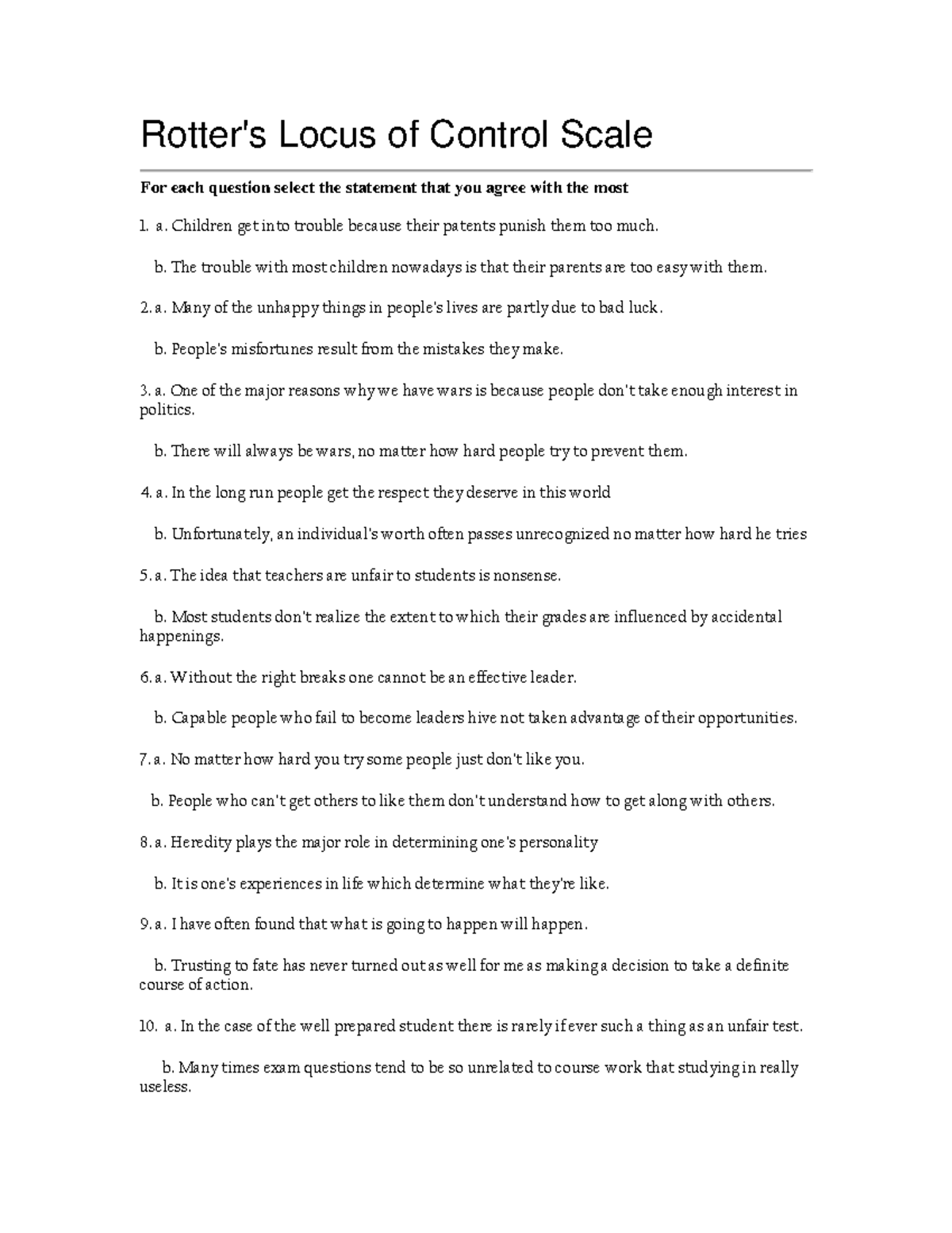 Rotter-locusofcontrolhandout - Rotter's Locus of Control Scale For each ...