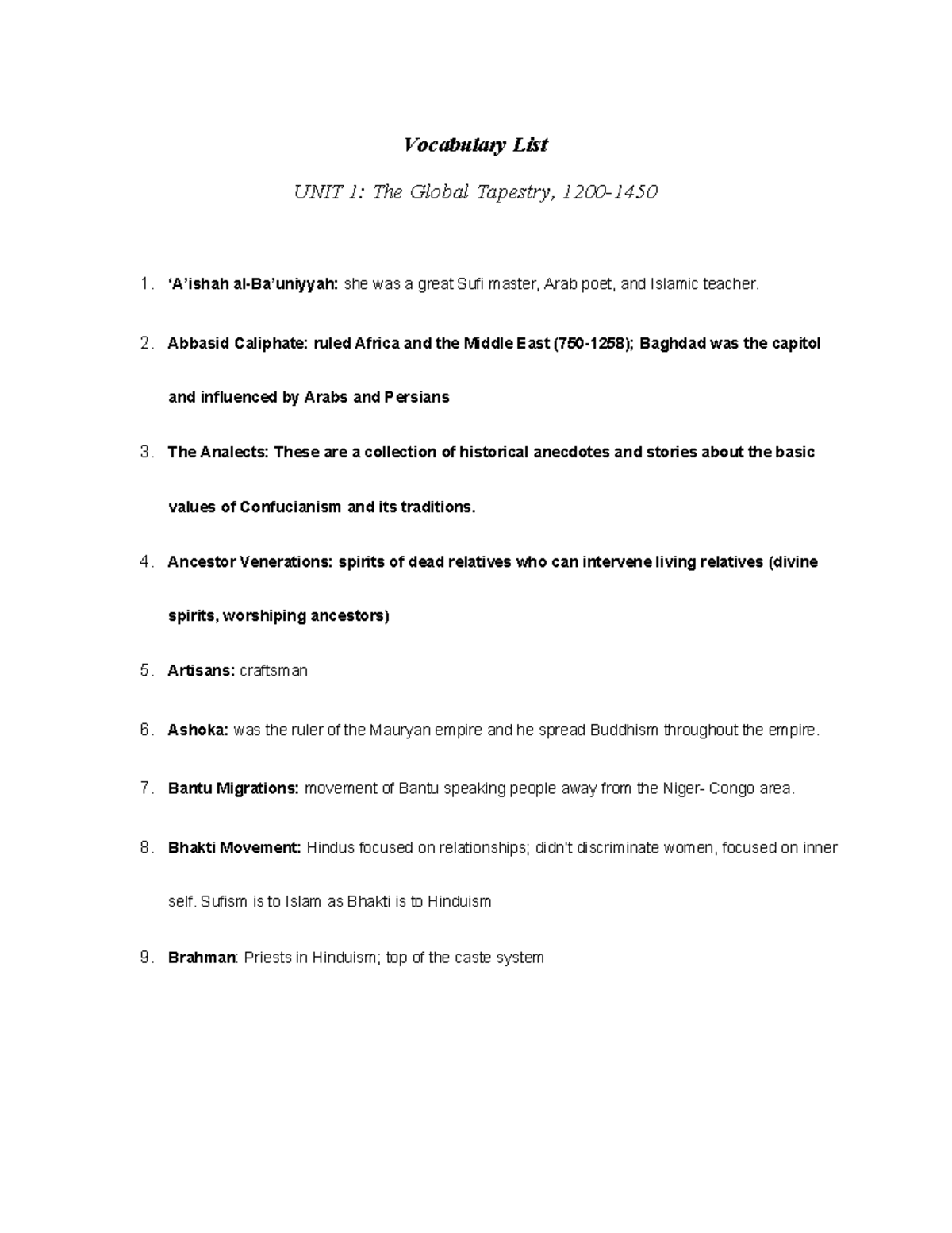 Unit 1 Vocab List - The Global Tapestry, 1200-2023 - Studocu