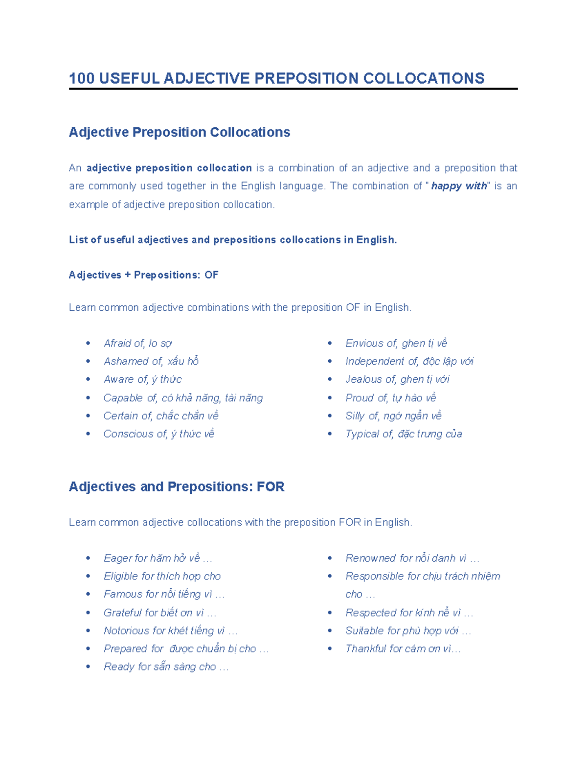 Adjective Preposition Collocations in English: A Complete Guide - Studocu