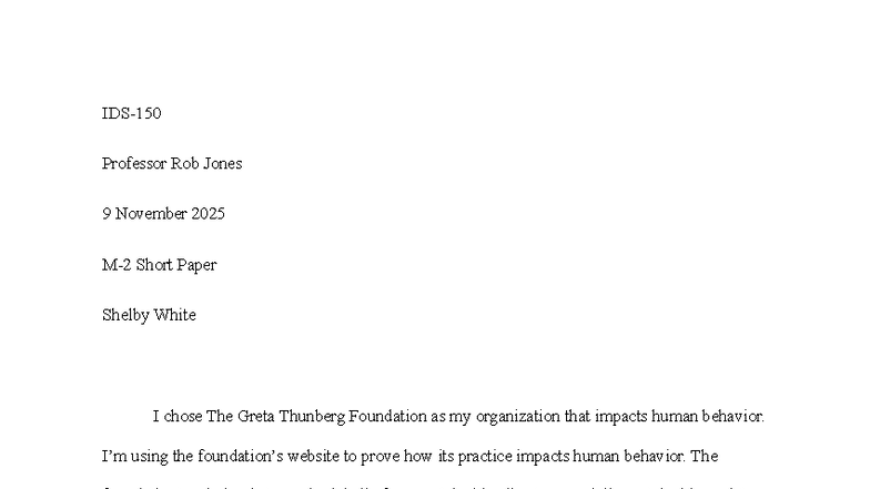IDS-150 Module 2 Short Paper: Impact of The Greta Thunberg Foundation ...