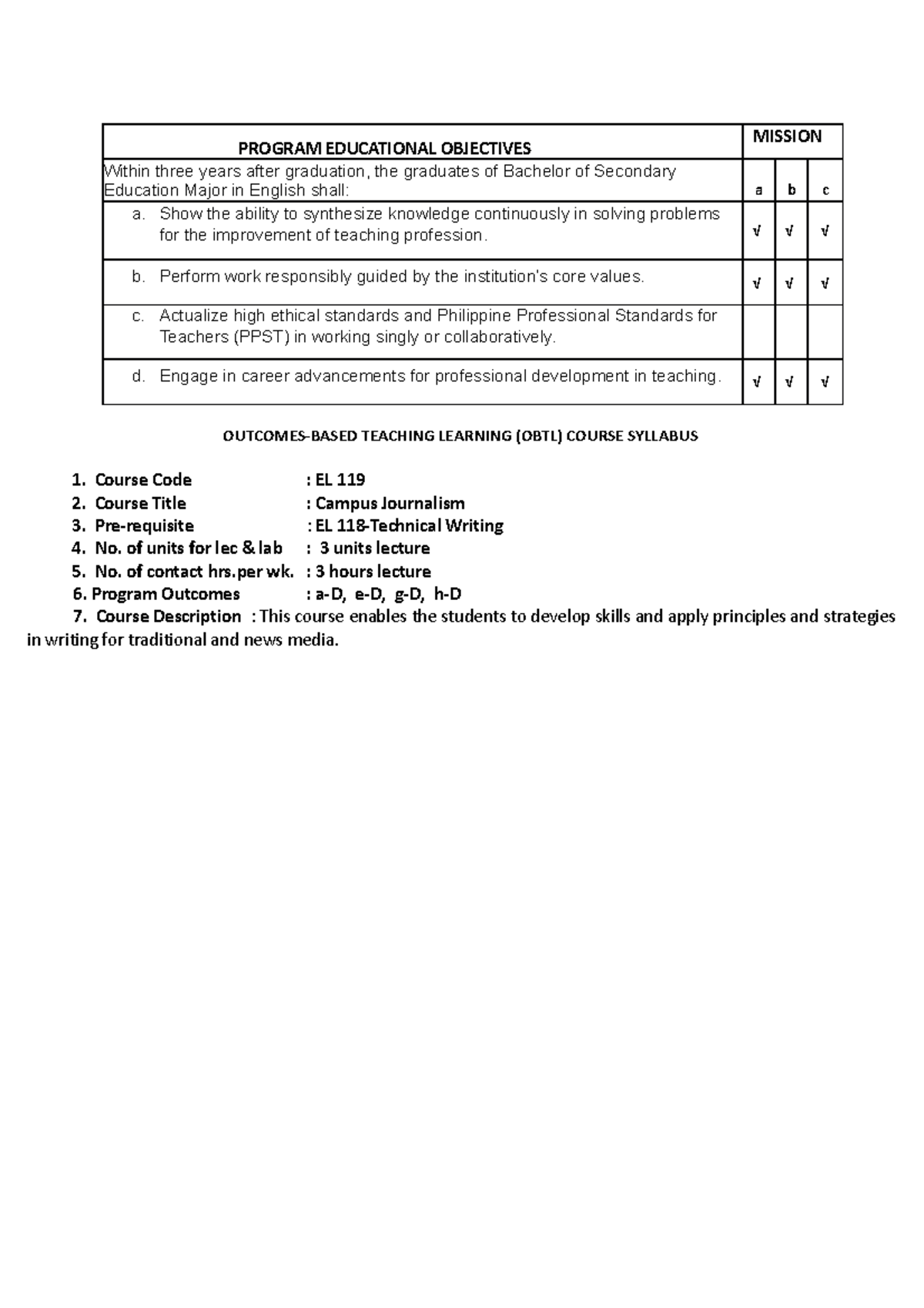 Syllabus for EL 119: Campus Journalism Program Overview and Outcomes ...