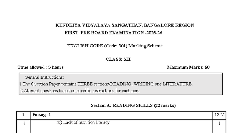 Class XII English Core (Code: 301) Pre-Board Exam Marking Scheme 2025 ...