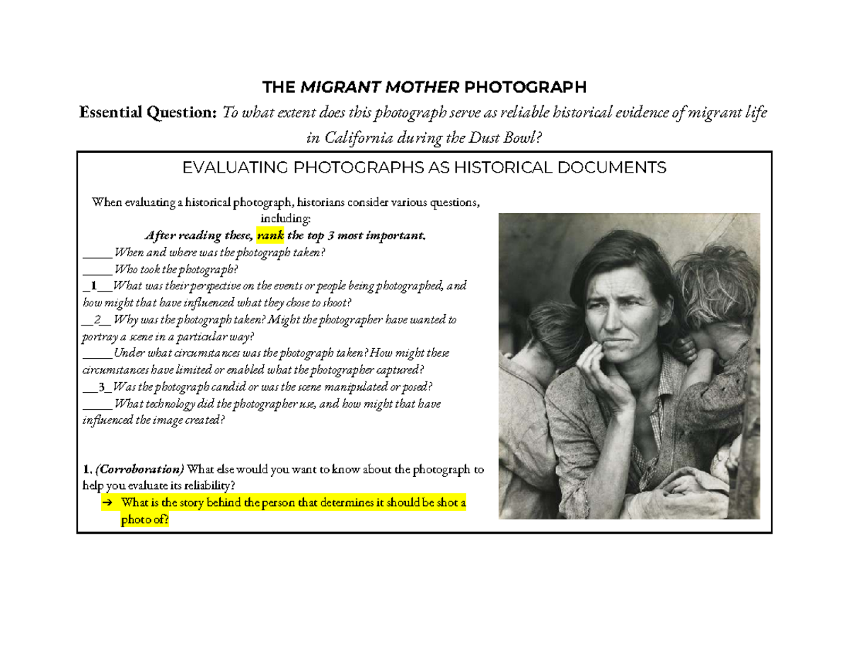 2025 Dust Bowl & Migrant Mother: Evaluating Historical Evidence - Studocu