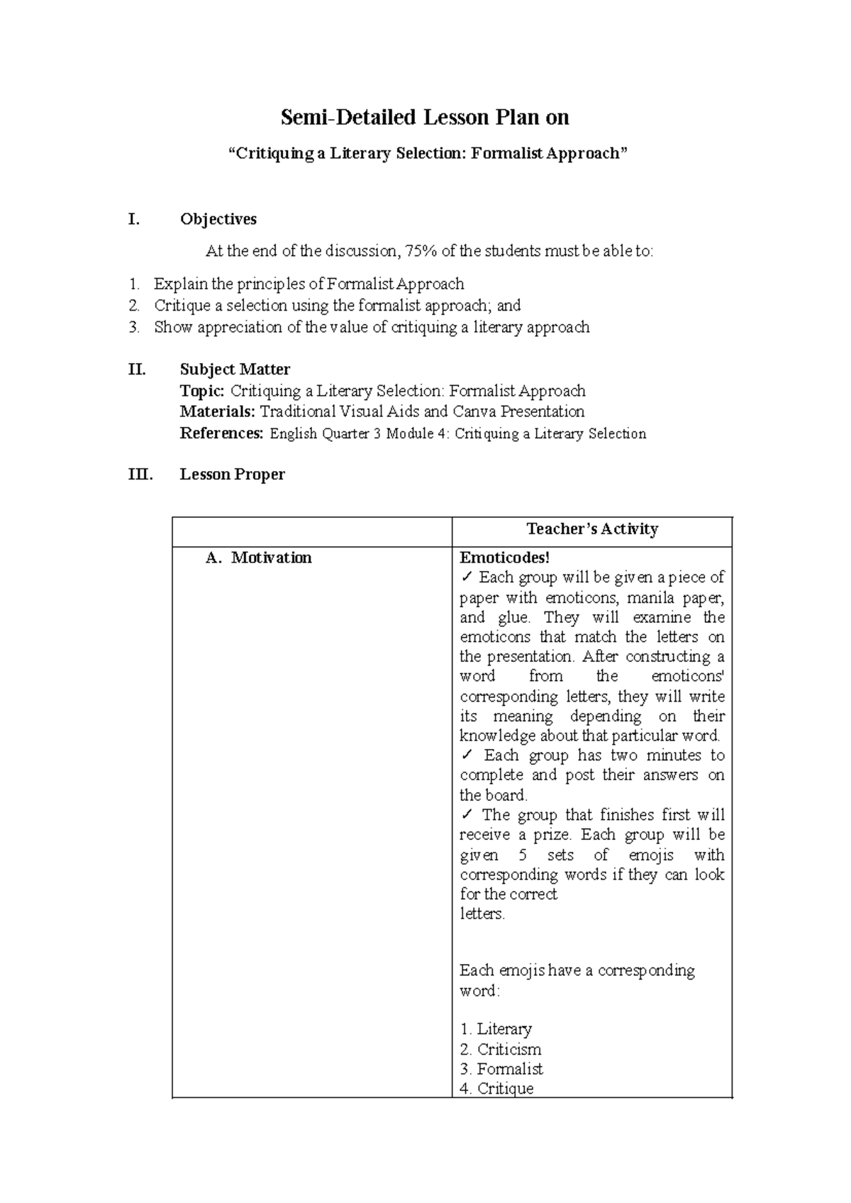 Semi-Detailed Lesson Plan on Literary Criticism: Formalist Approach ...