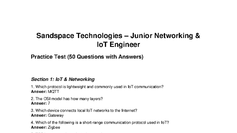 Sandspace Technologies IoT Networking Practice Test (50 Q&A) - Studocu