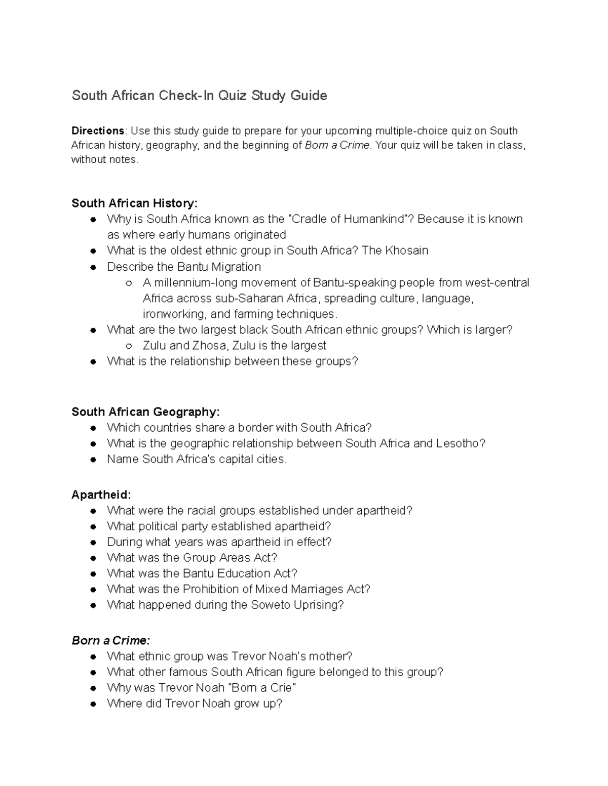 South African History & Geography Quiz Study Guide - Studocu