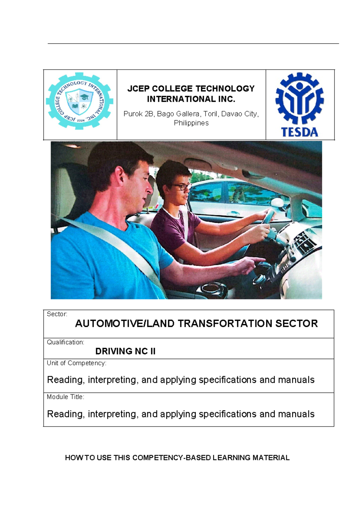 CBLM - Driving NC II: Reading and Applying Specifications & Manuals ...