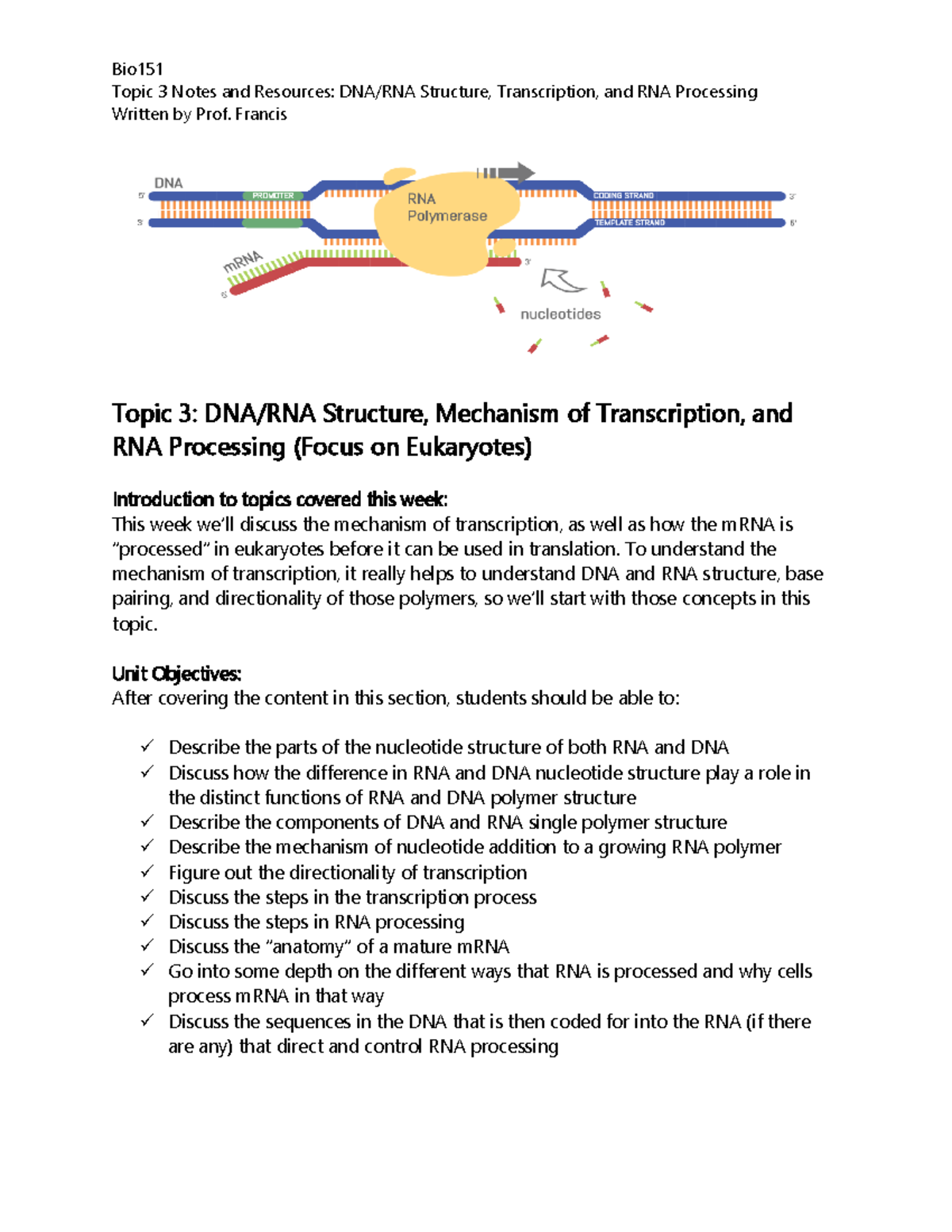 Bio151 Topic 3 Notes: DNA/RNA Structure, Transcription & RNA Processing ...
