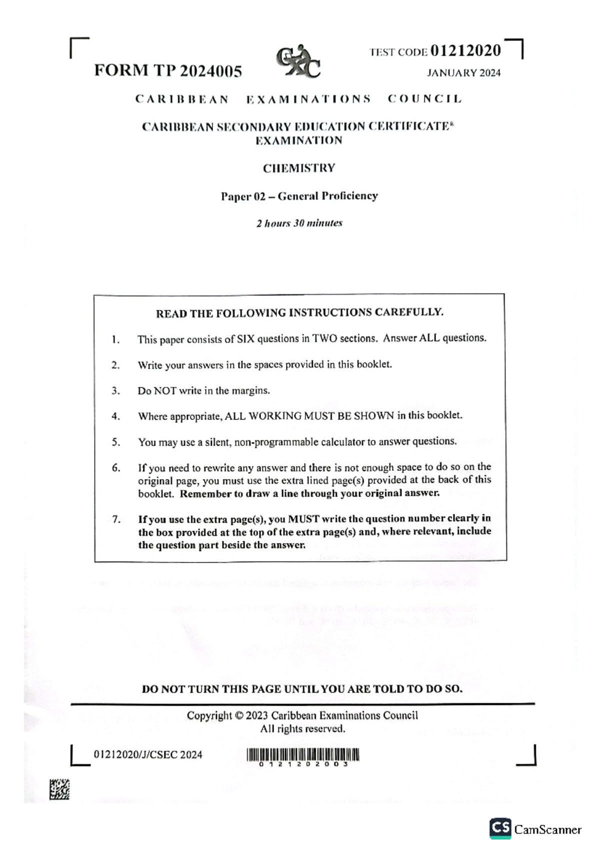 Chem CSEC Jan 2024 - Chemistry Paper 02 Past Exam Questions and Answers ...
