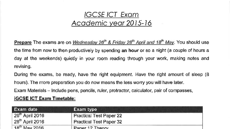 Igcse ICT Revision Guidance 2016 - IGCSE ICT Exam Academic year Prepare ...