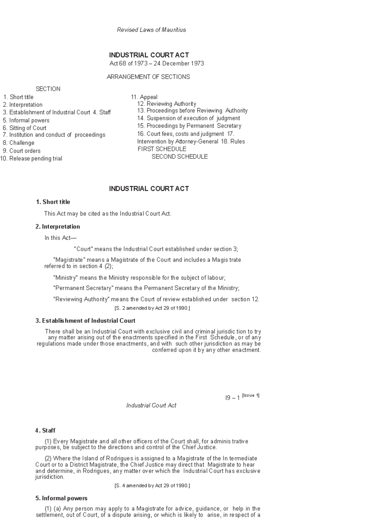 Industrial Court Act (Mauritius) - Act No. 68 of 1973 Overview - Studocu