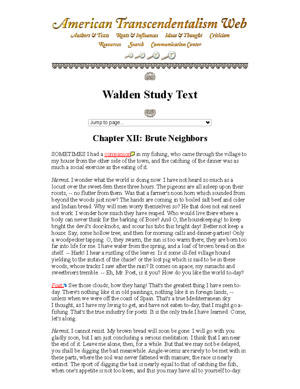 Henry David Thoreau - Walden Study Text: Chapter XII - Brute Neighbors ...