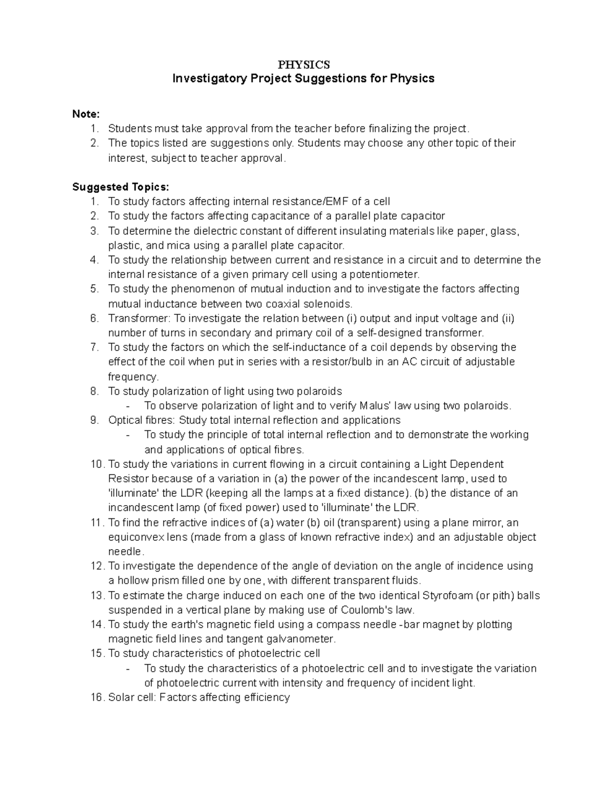PHYSICS Investigatory Project Ideas for Students - Studocu