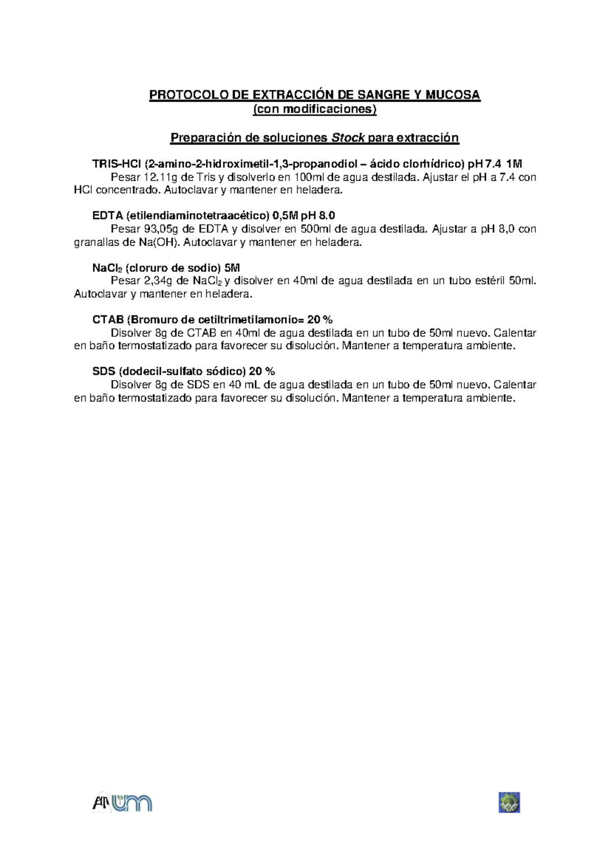 Protocolo de extracción de sangre y mucosa con modificaciones - PROTOCOLO DE EXTRACCIÓN DE ...
