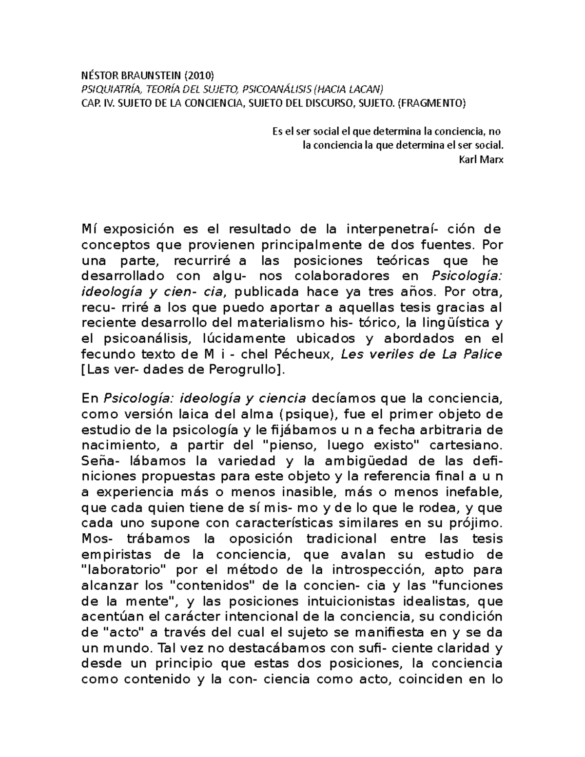 Teoría del Sujeto y Psicoanálisis según Néstor Braunstein (Fragmento) - Studocu