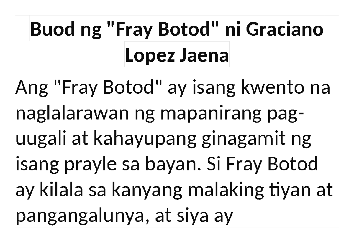 Buod ng "Fray Botod" ni Graciano Lopez Jaena: Isang Pagsusuri - Studocu