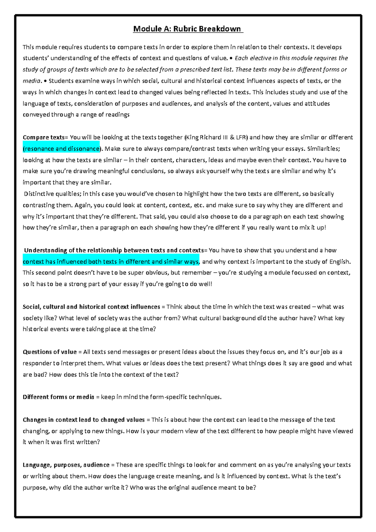 Module A: Text Comparison and Context Analysis Rubric Breakdown - Studocu