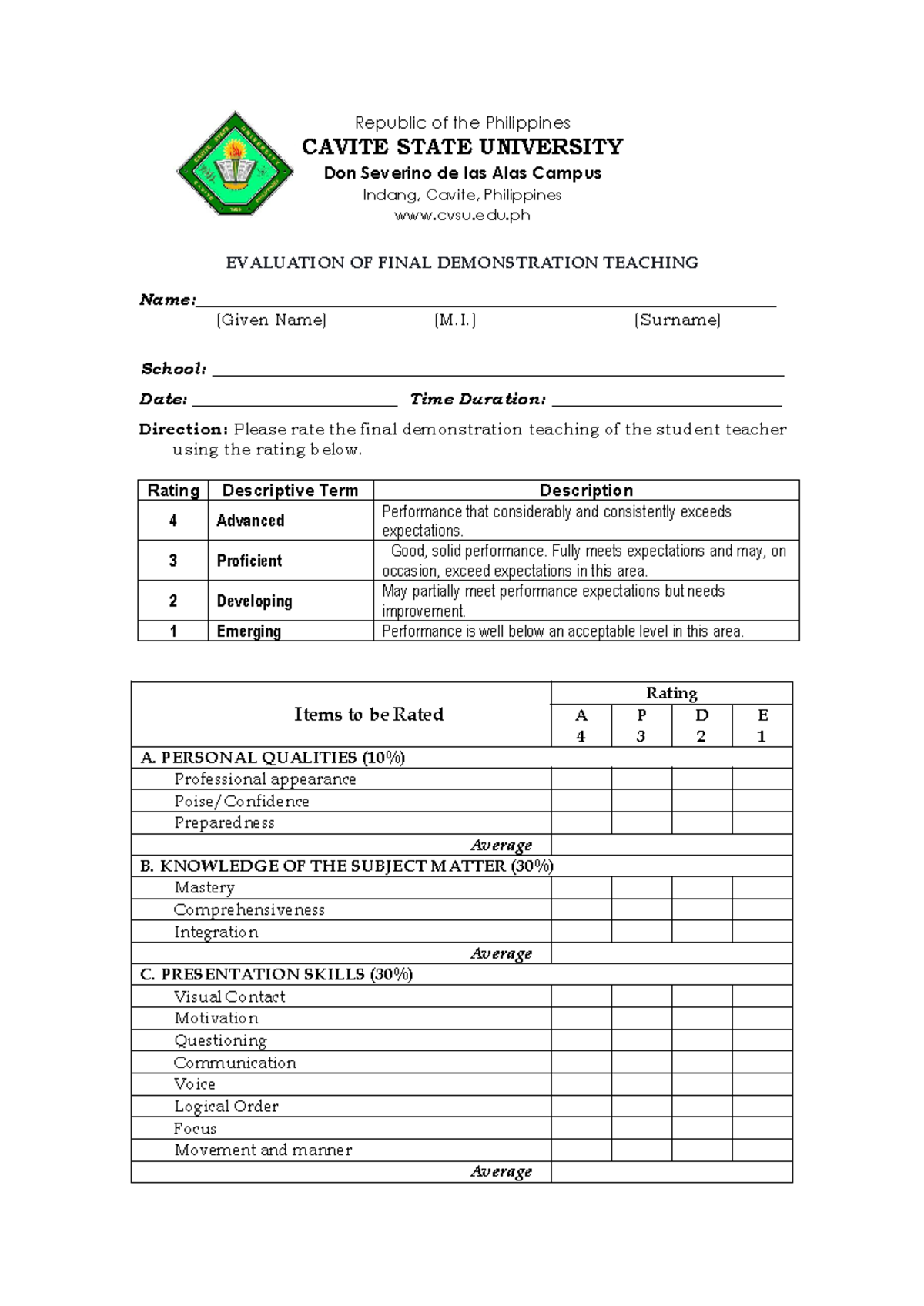 Evaluation of Final Demonstration Teaching - CAVITE STATE UNIVERSITY ...