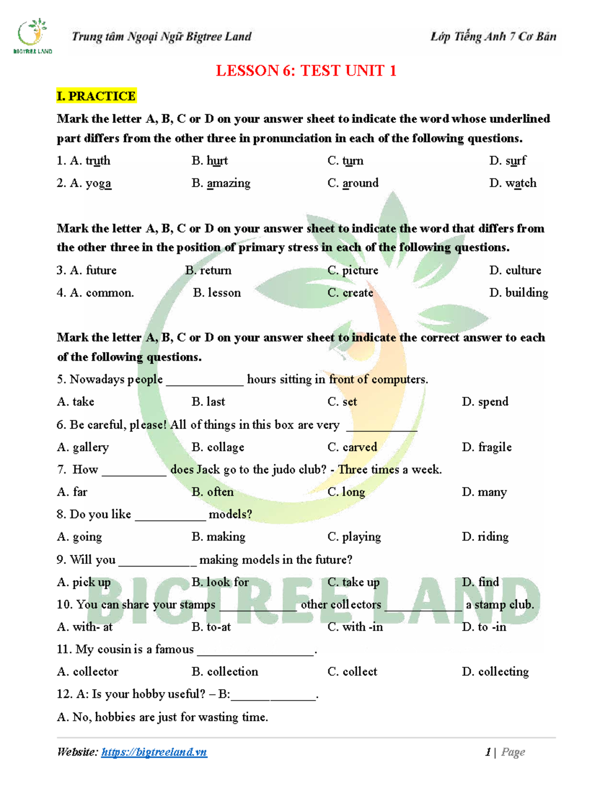 Lesson 6: Test Unit 1 - English for Grade 7 - Studocu
