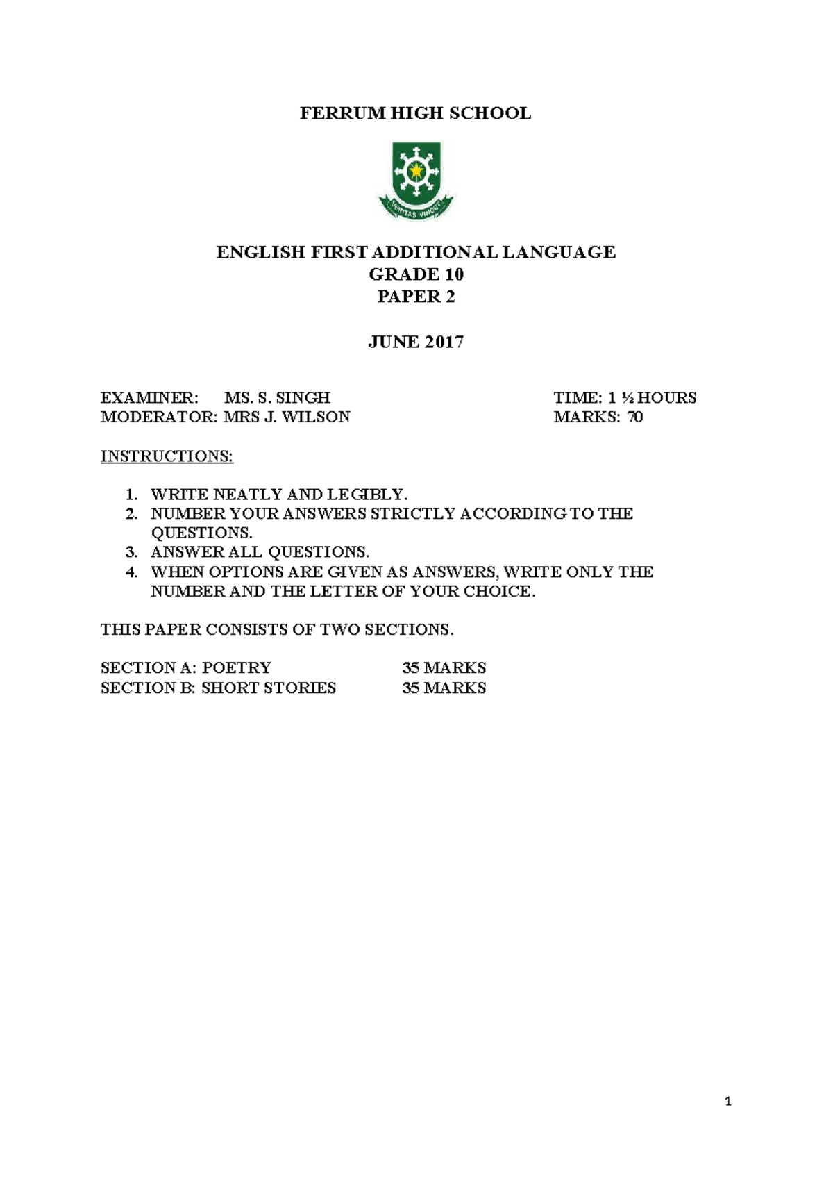 Grade 10 English First Additional Language Paper 2 June 2017 Exam - Studocu