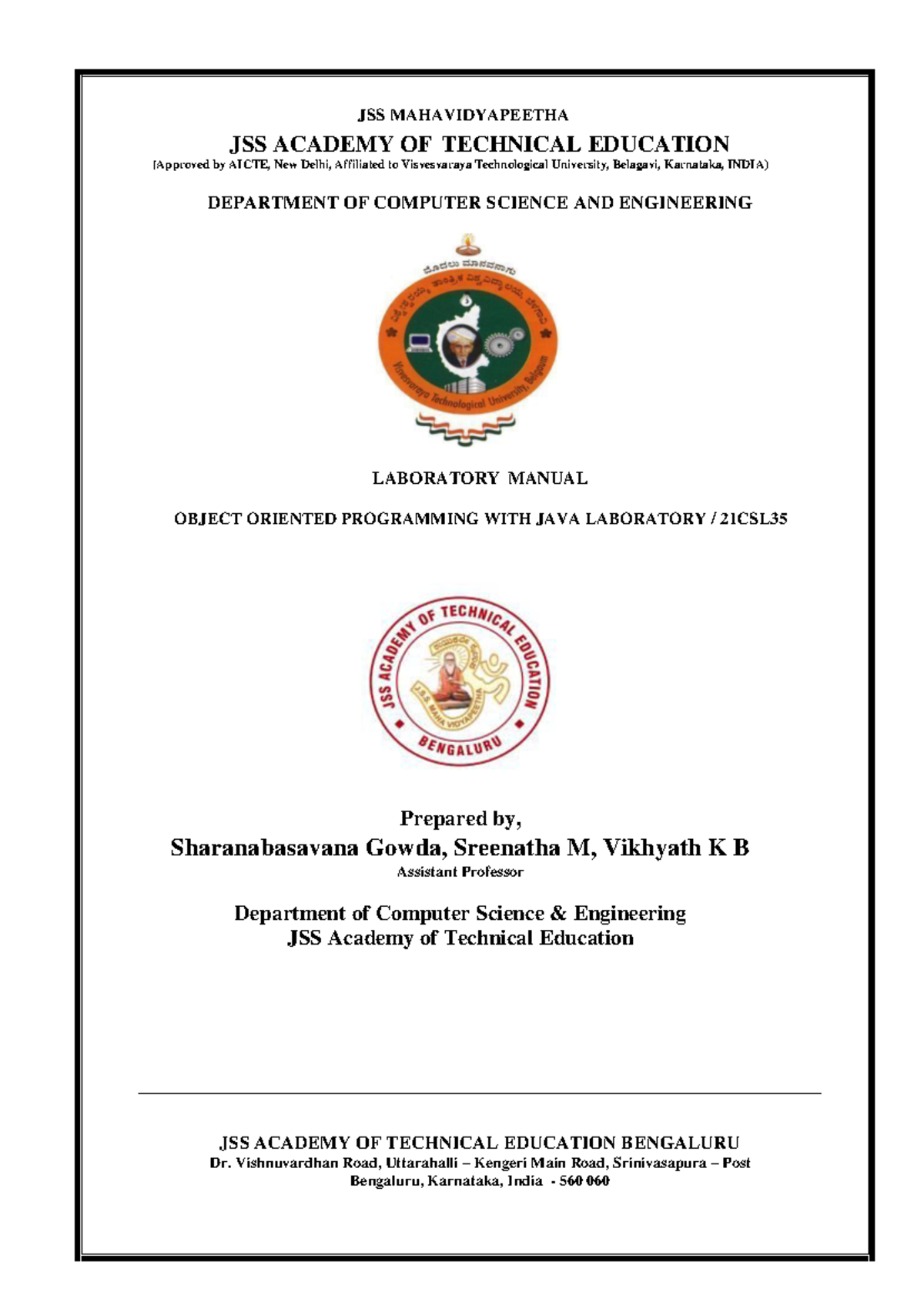 JAVA LAB Manual-21CSL35 - CSE - JSS MAHAVIDYAPEETHA JSS ACADEMY OF ...