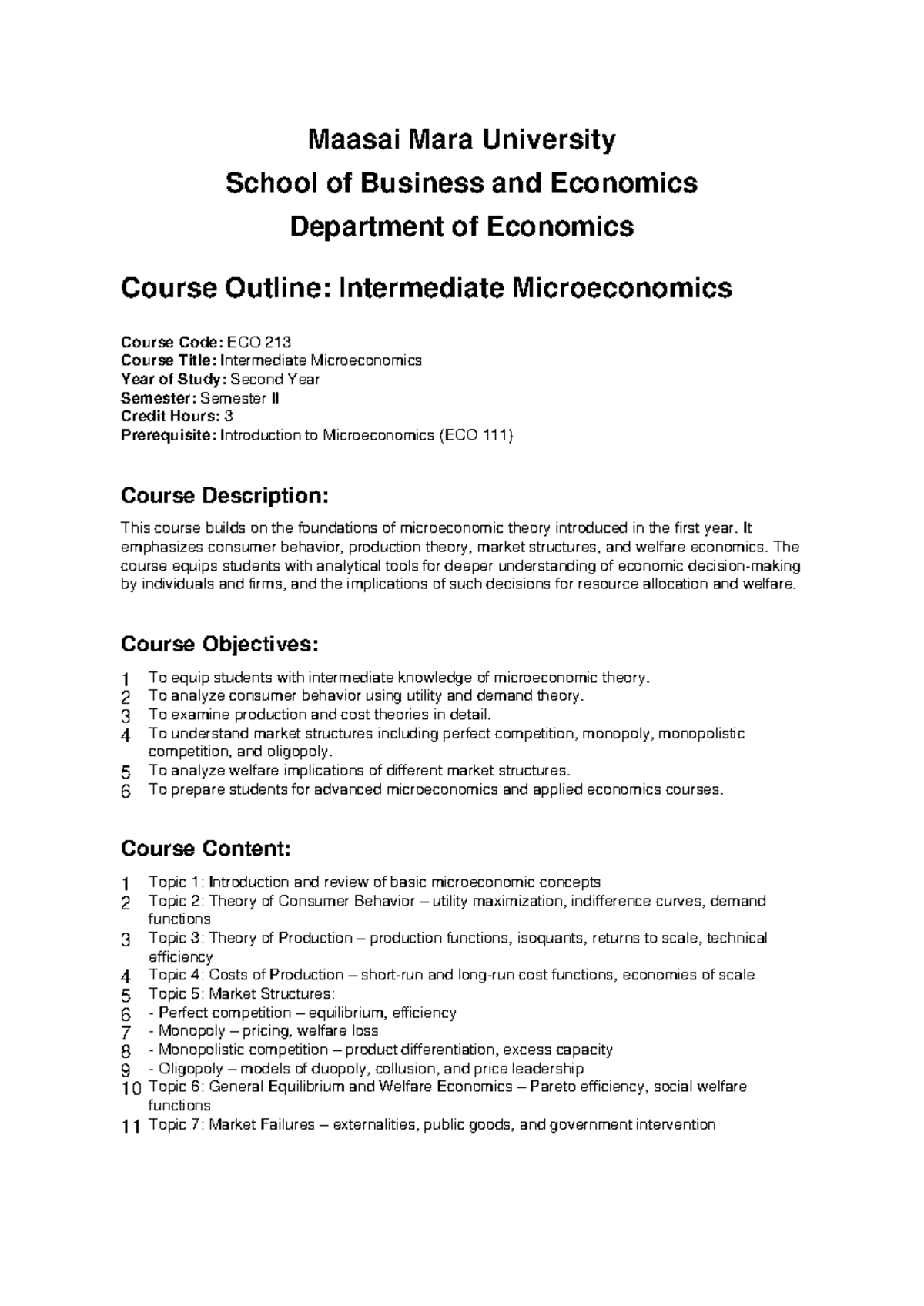 ECO 213: Intermediate Microeconomics Course Outline - Semester II - Studocu