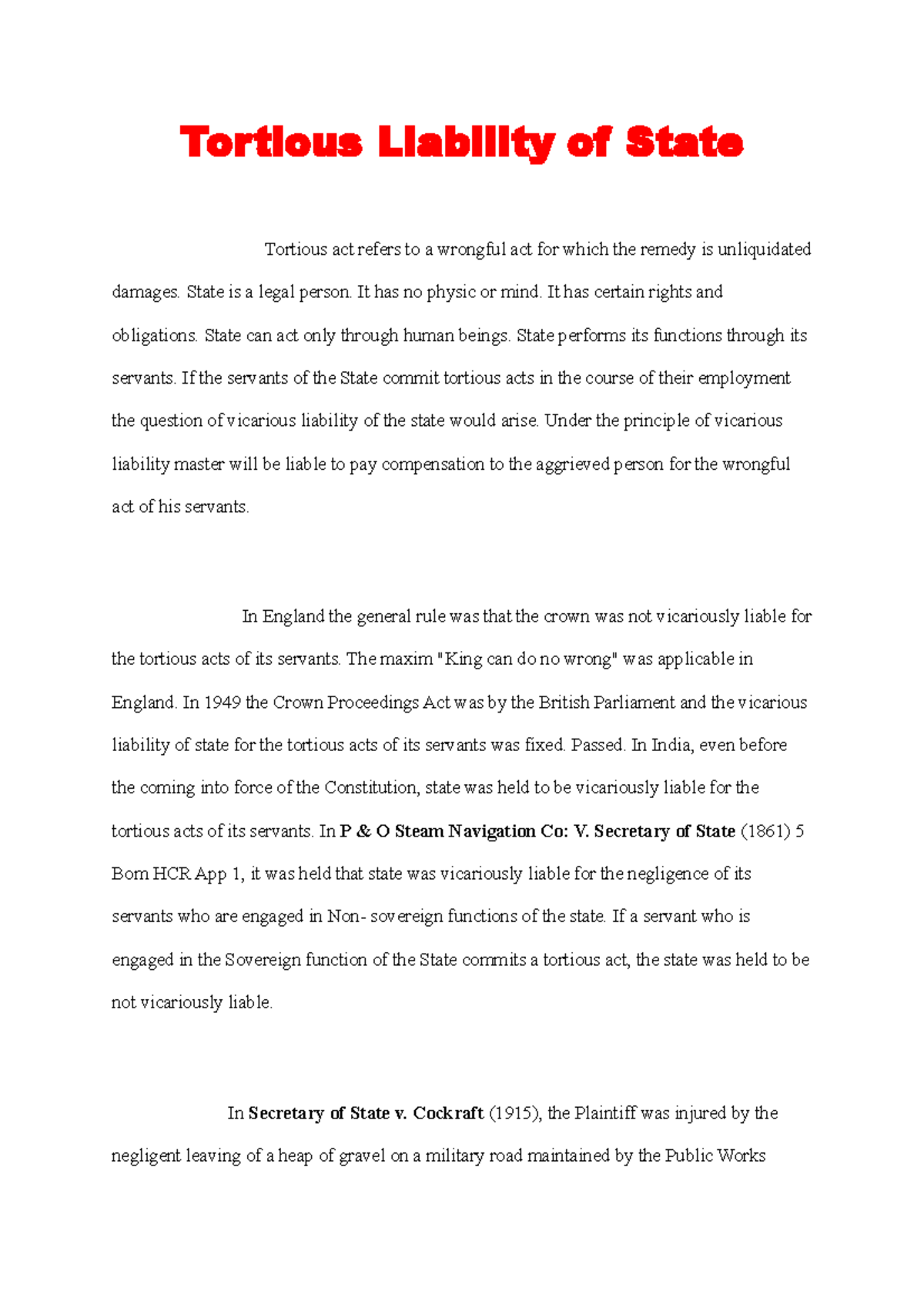 Tortious Liability of State: Key Cases and Principles - Studocu